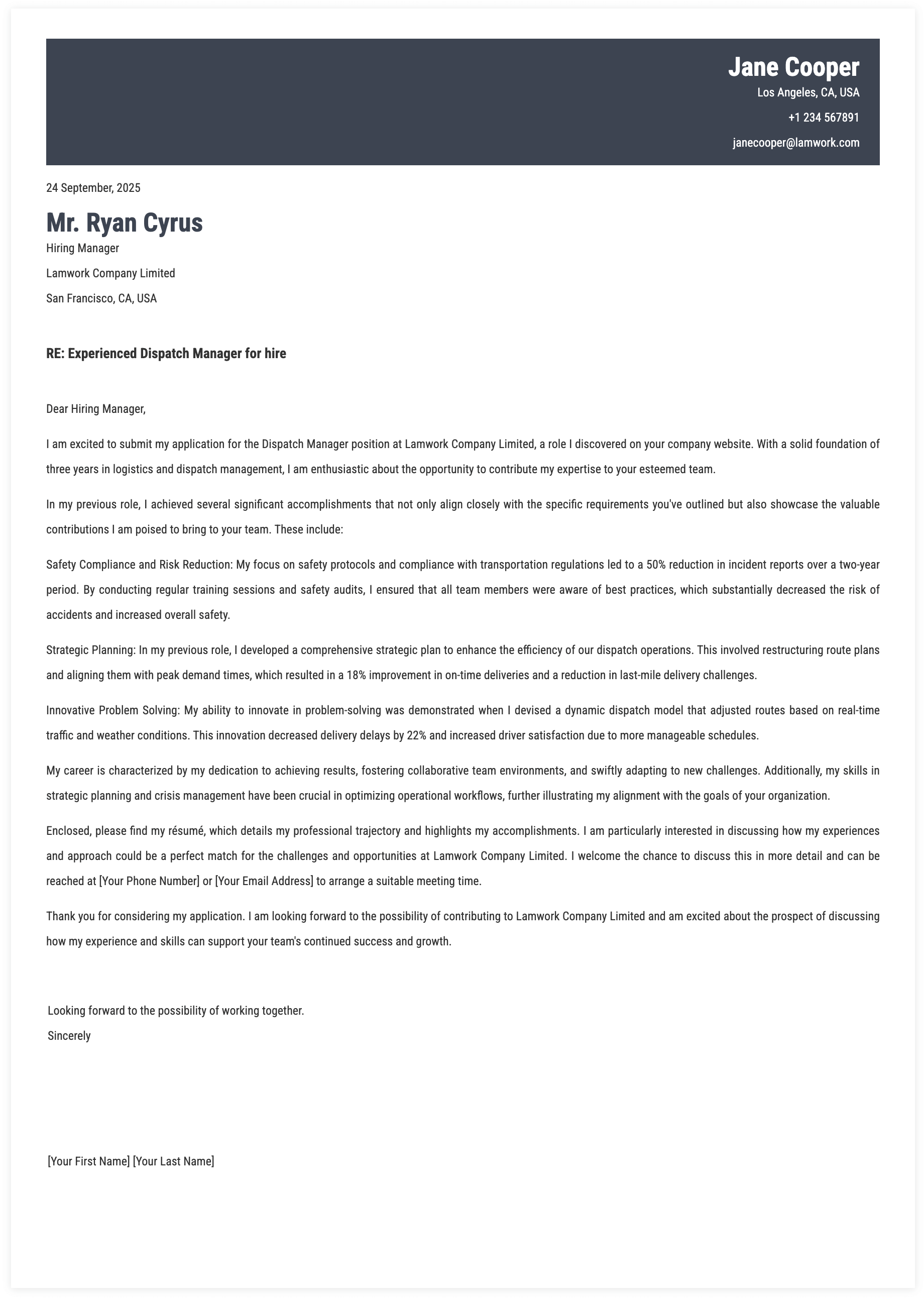 Dispatch Manager Cover Letter Template