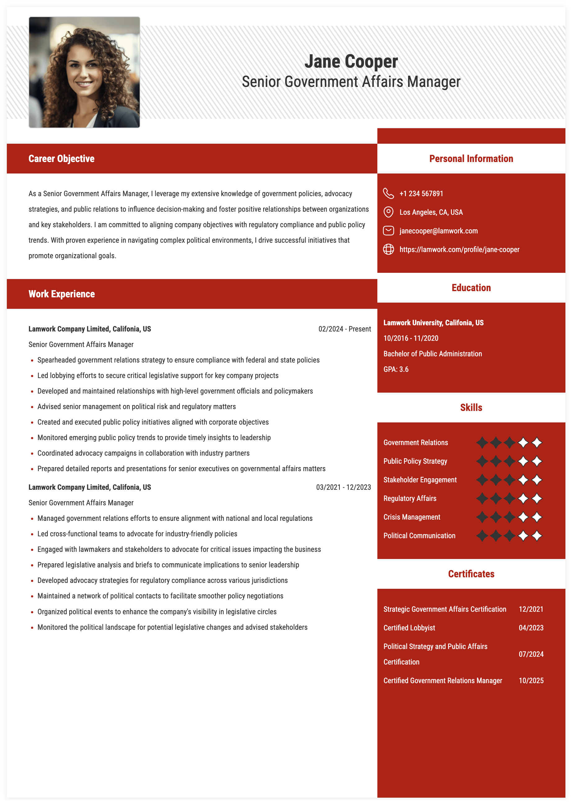 Senior Government Affairs Manager Resume Example