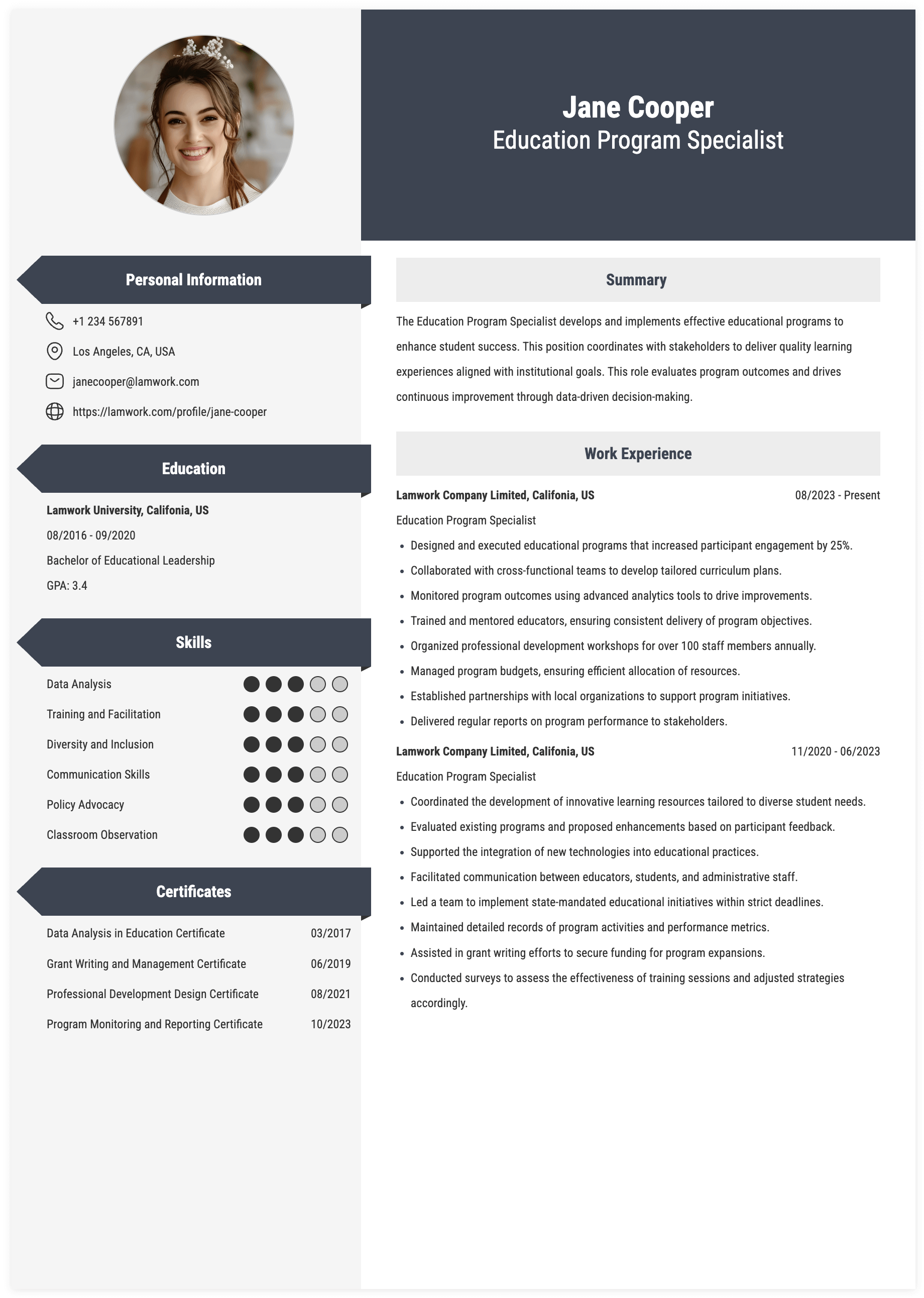 Education Program Specialist Resume Example