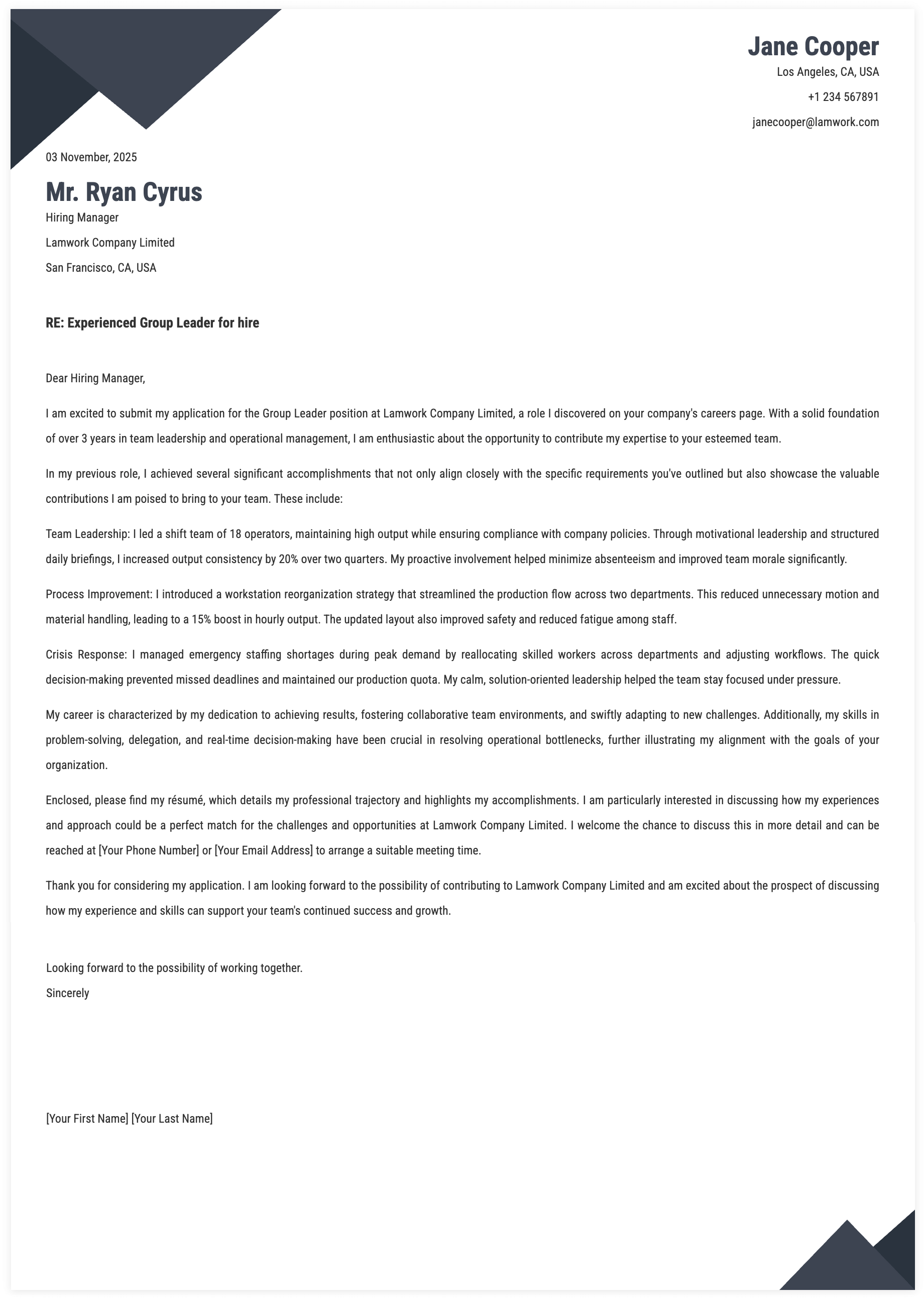 Group Leader Cover Letter Template