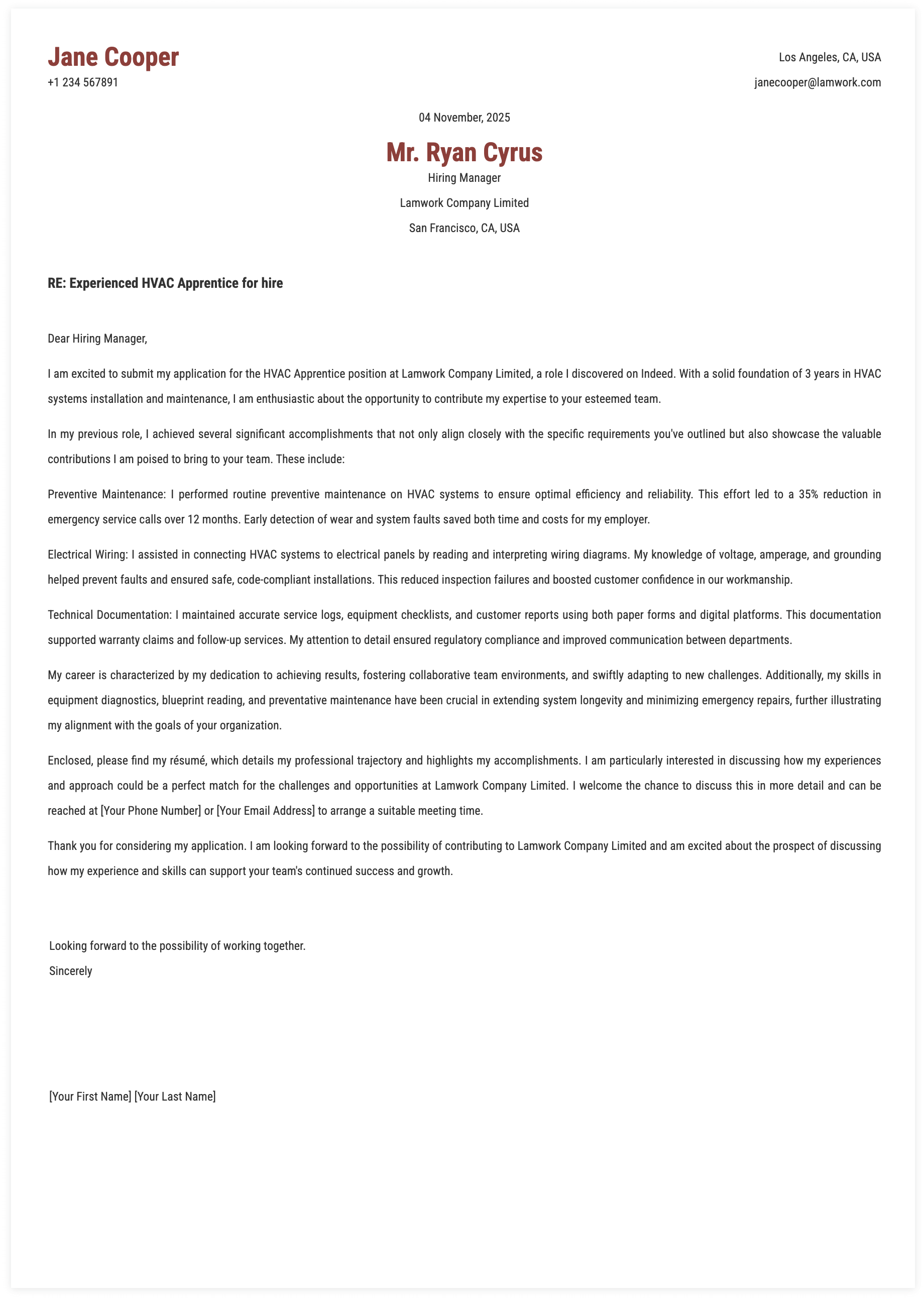 HVAC Apprentice Cover Letter Template