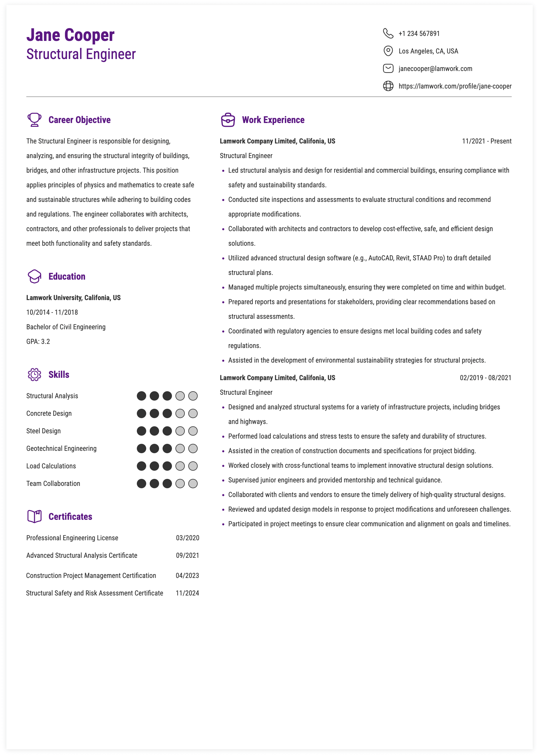 Structural Engineer Resume Example