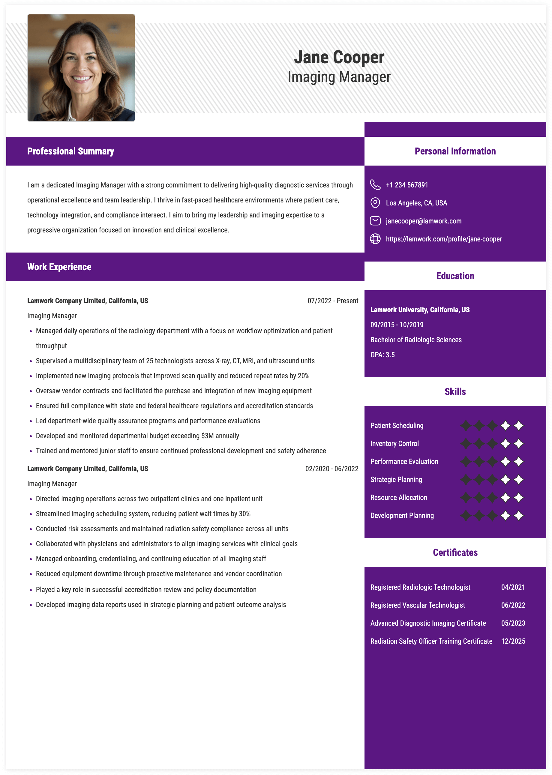 Imaging Manager Resume Example