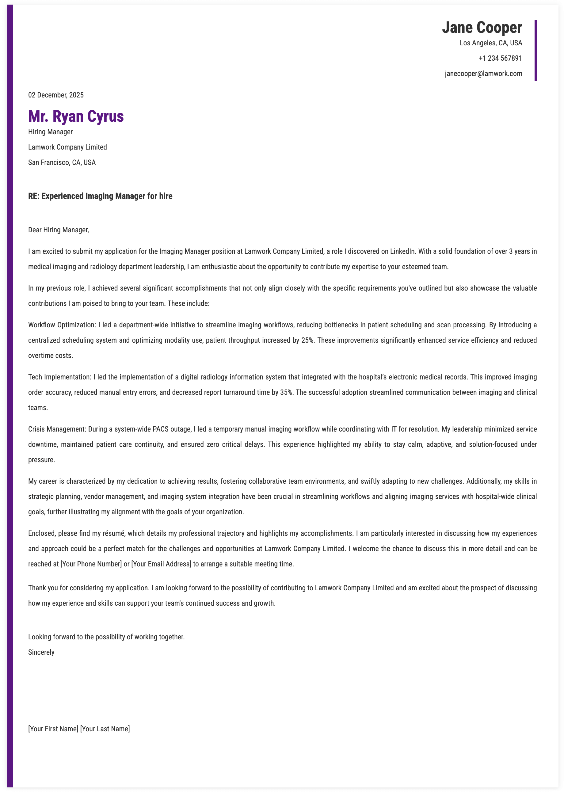 Imaging Manager Cover Letter Template