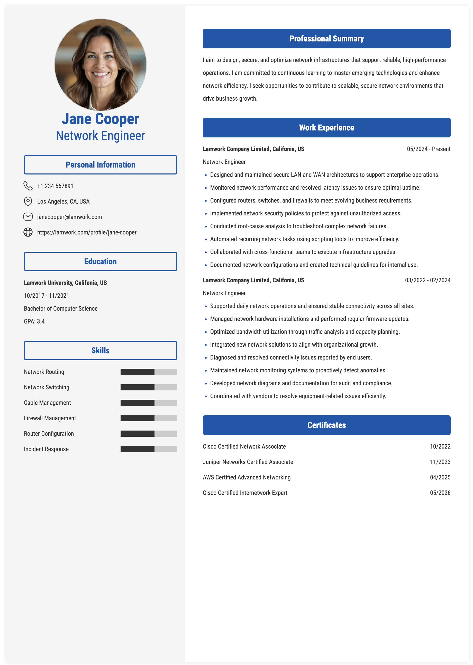 Network Engineer Resume Example