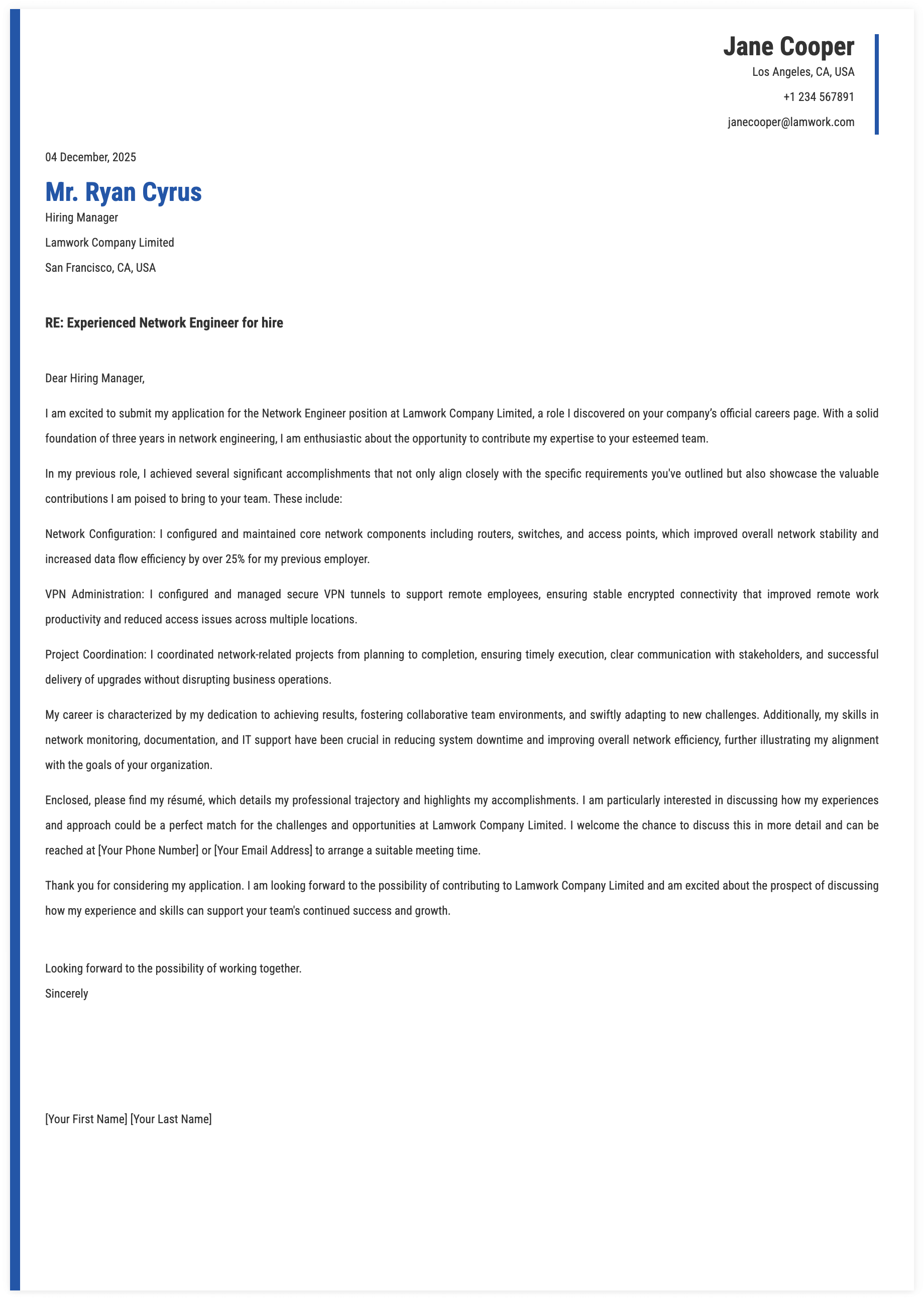 Network Engineer Cover Letter Template