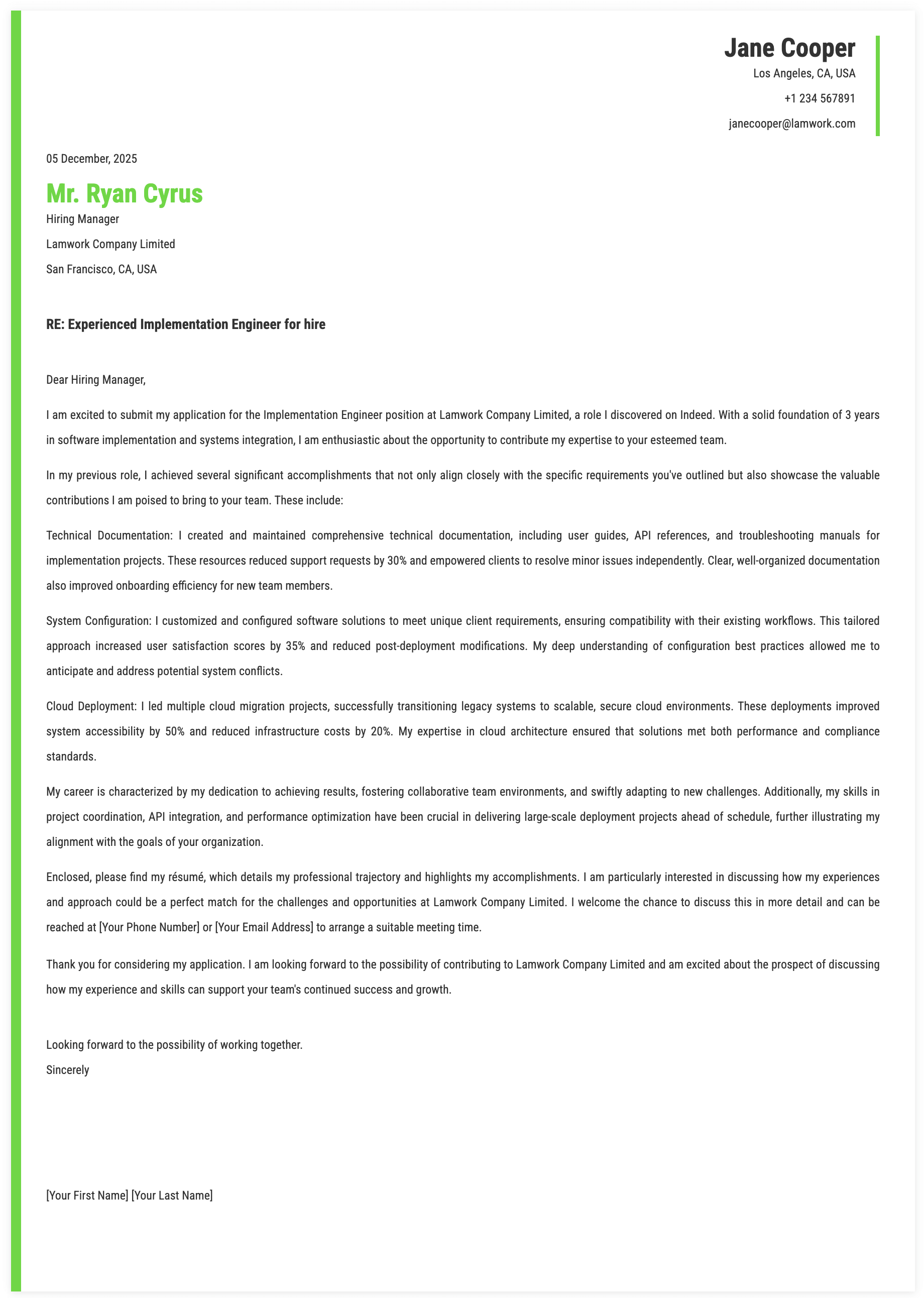 Implementation Engineer Cover Letter Template