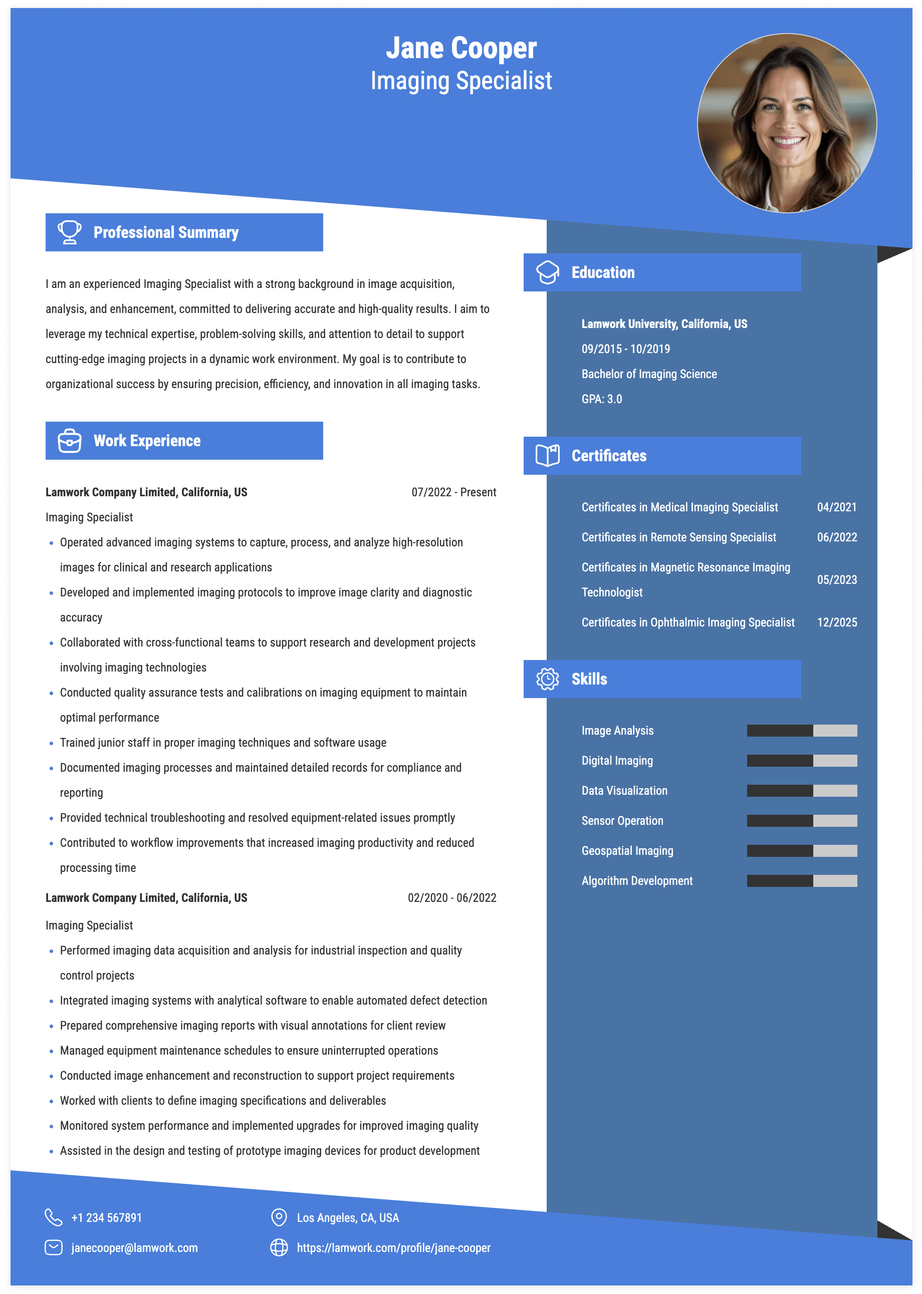 Imaging Specialist Resume Example