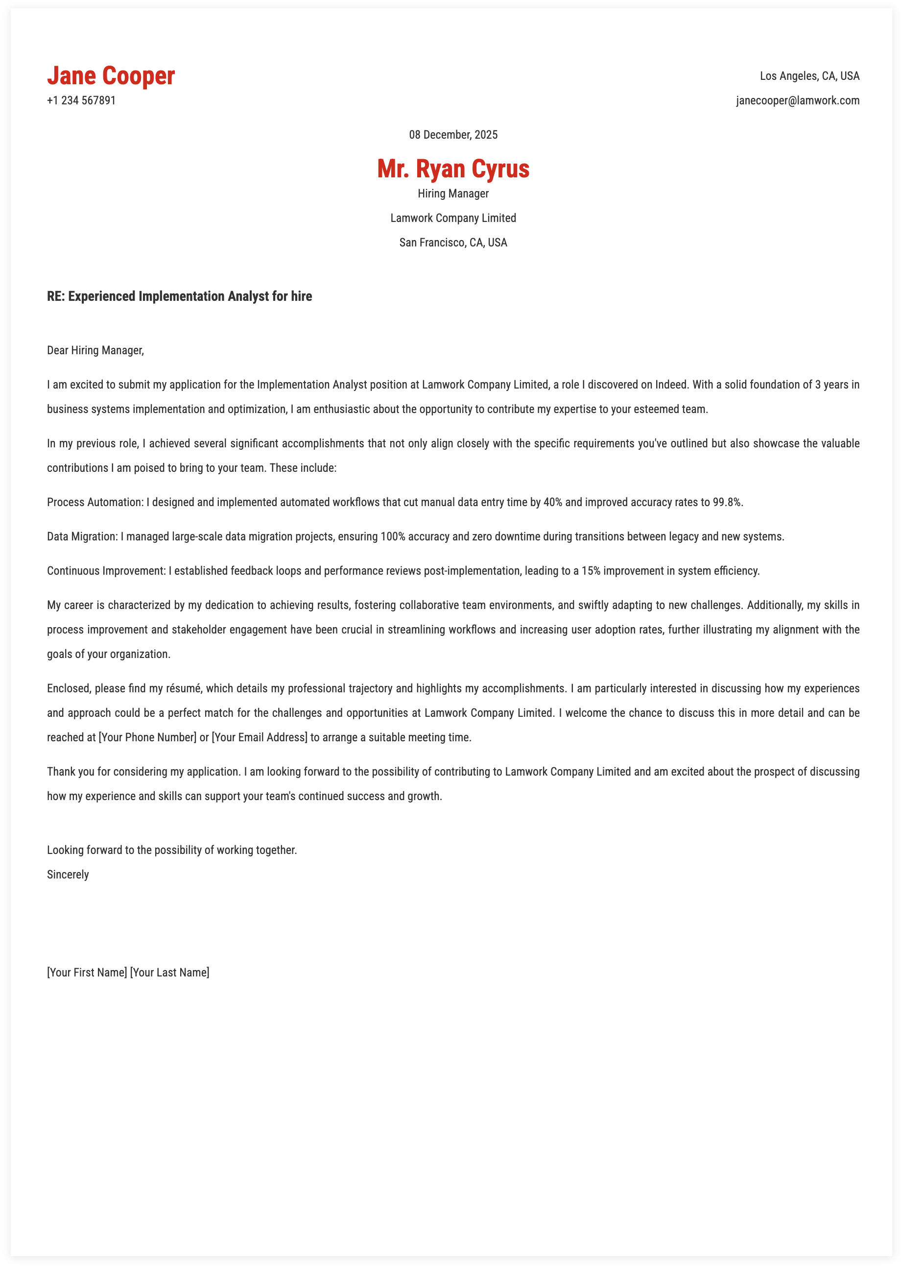 Implementation Analyst Cover Letter Template