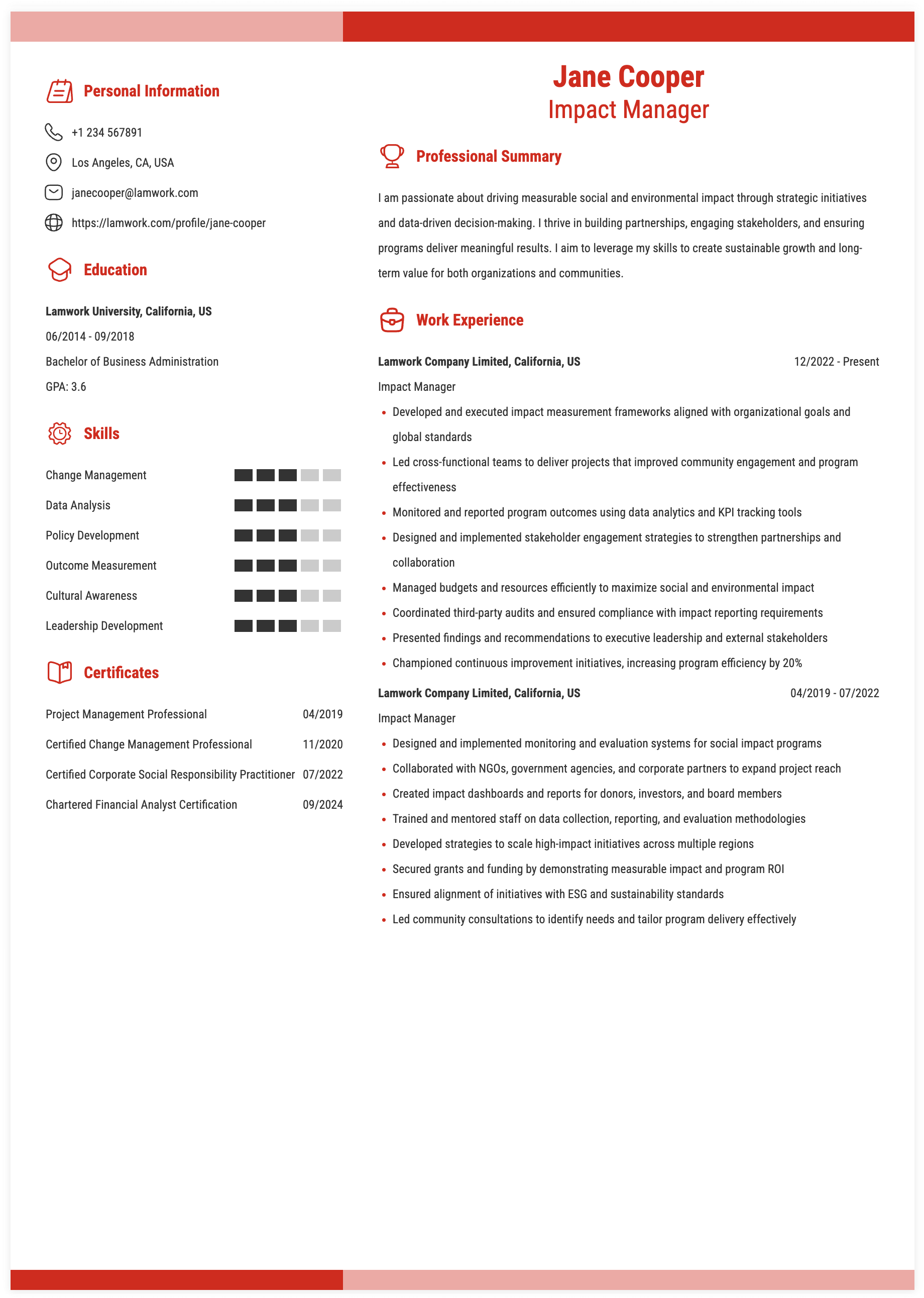 Impact Manager Resume Example