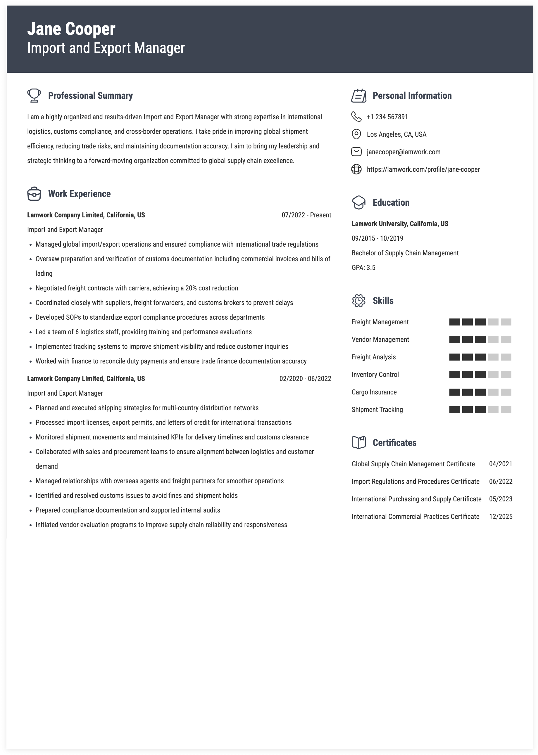 Import and Export Manager Resume Example