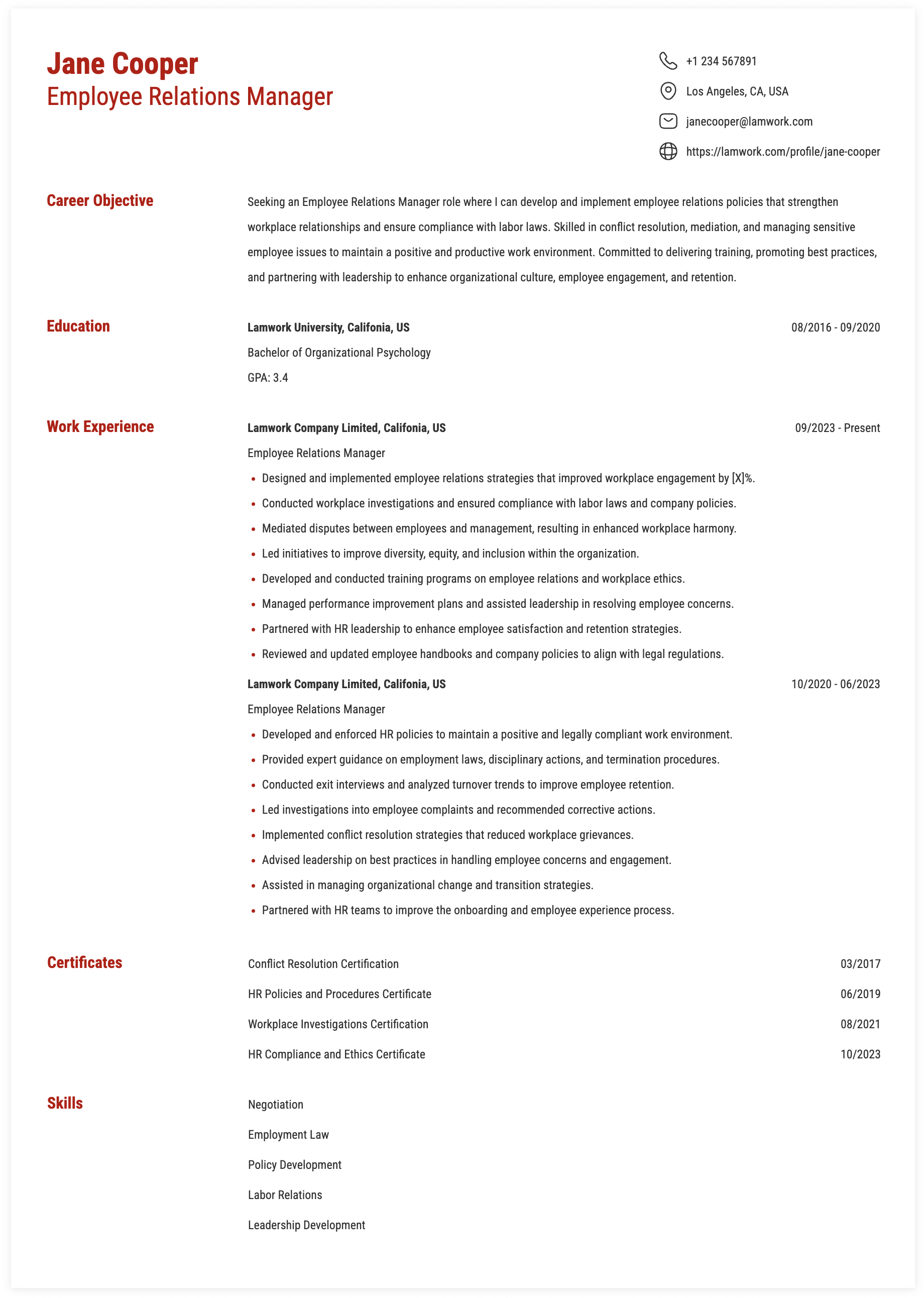 Employee Relations Manager Resume Example
