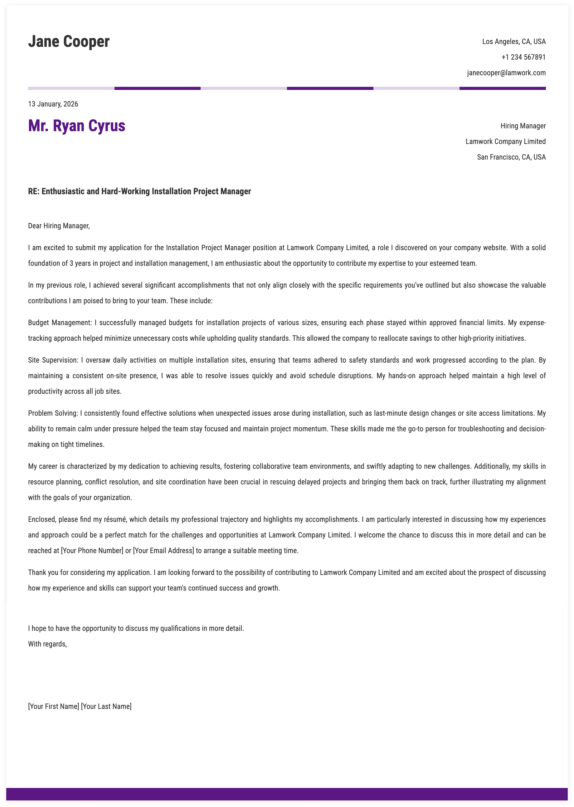 Installation Project Manager Cover Letter Template