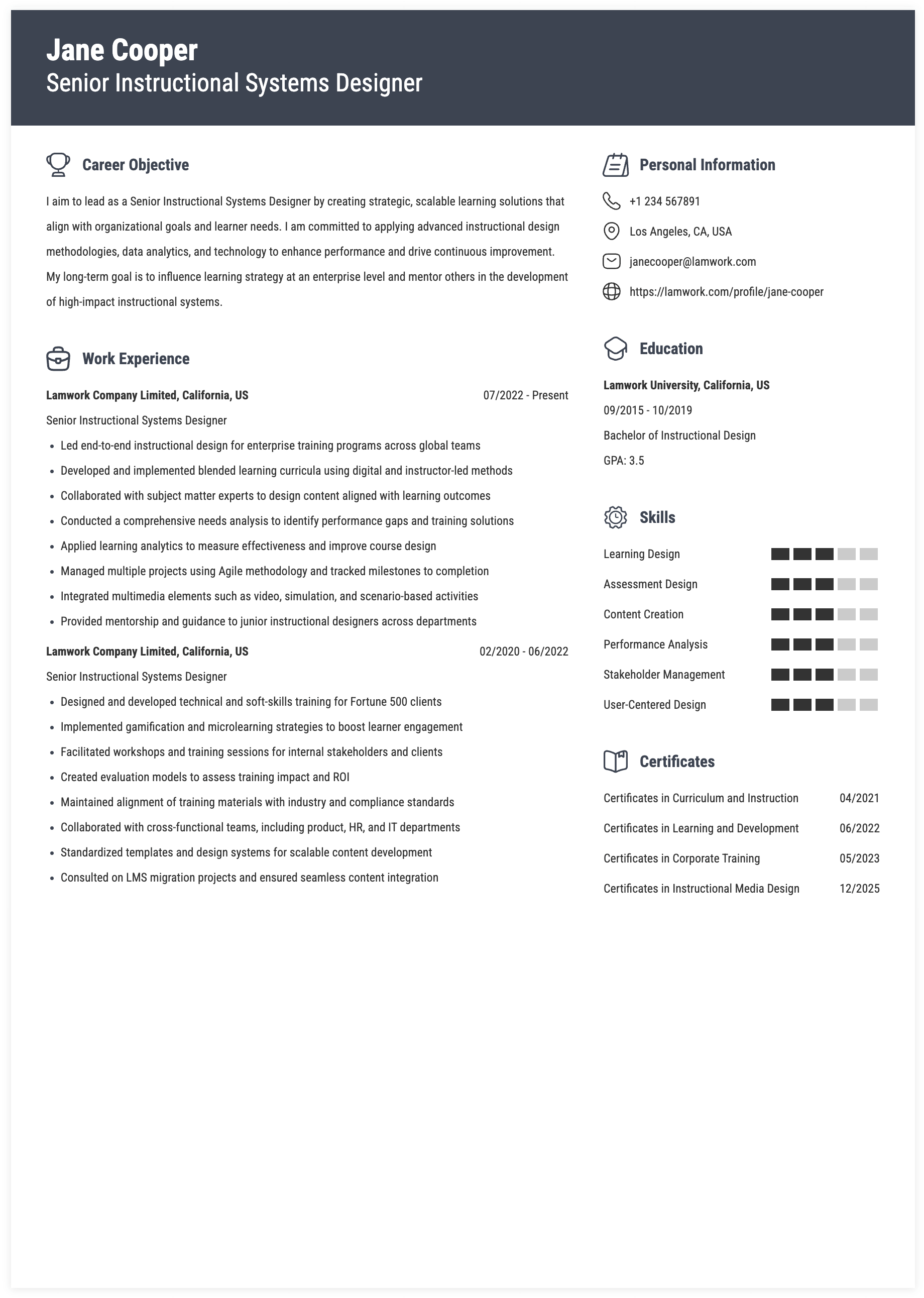 Senior Instructional Systems Designer Resume Example