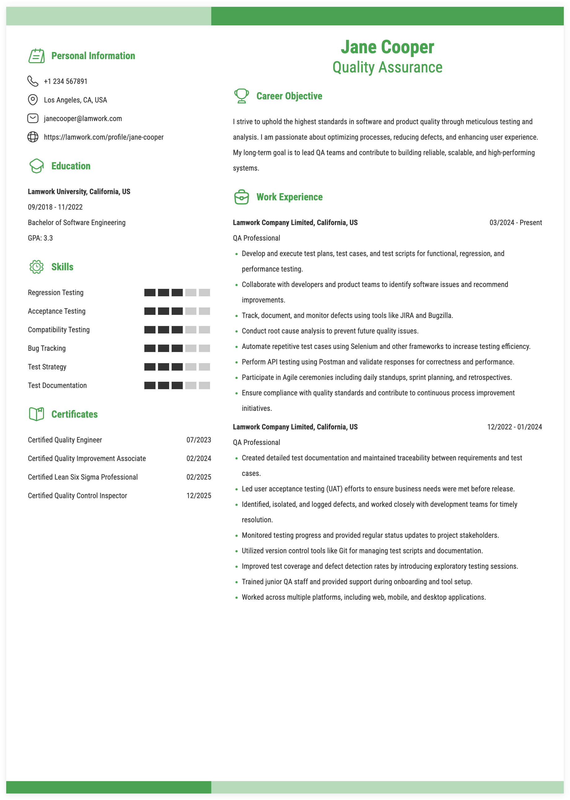 Quality Assurance Resume Example