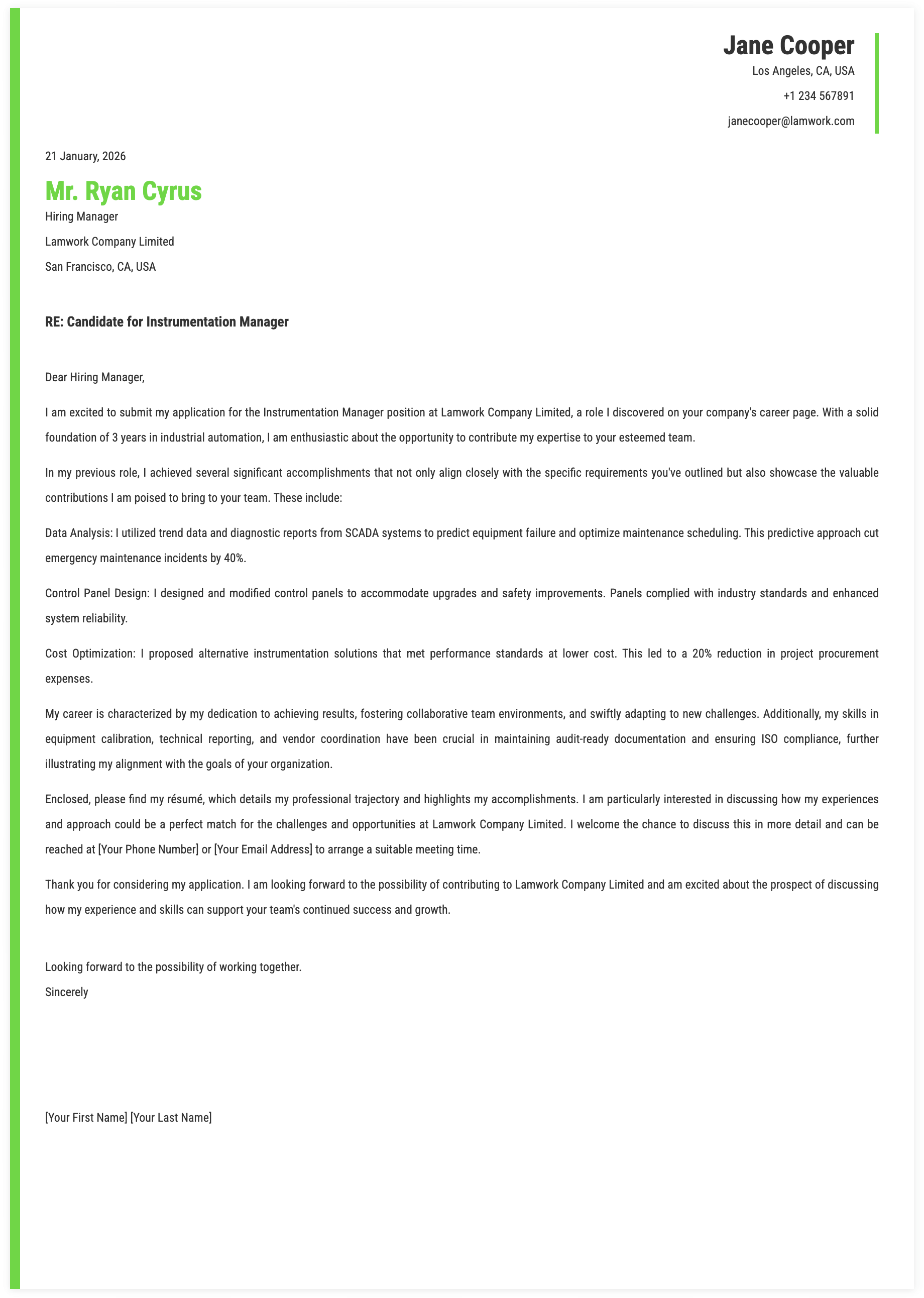 Instrumentation Manager Cover Letter Template