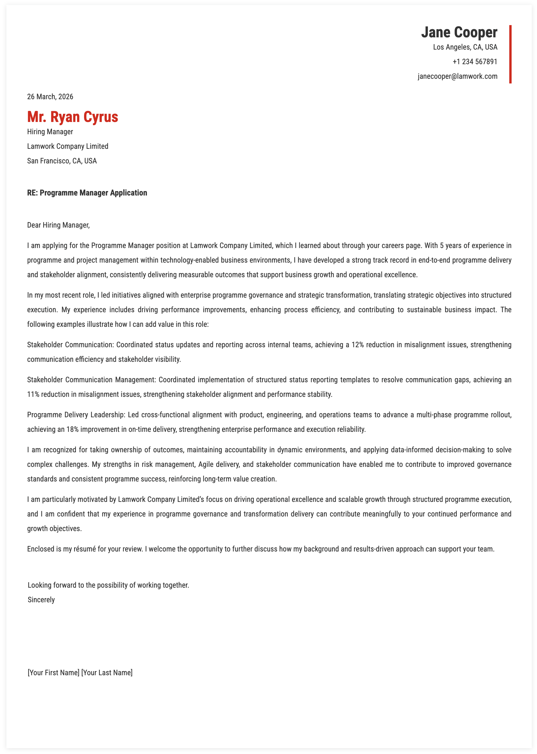 Programme Manager Cover Letter Key Qualifications