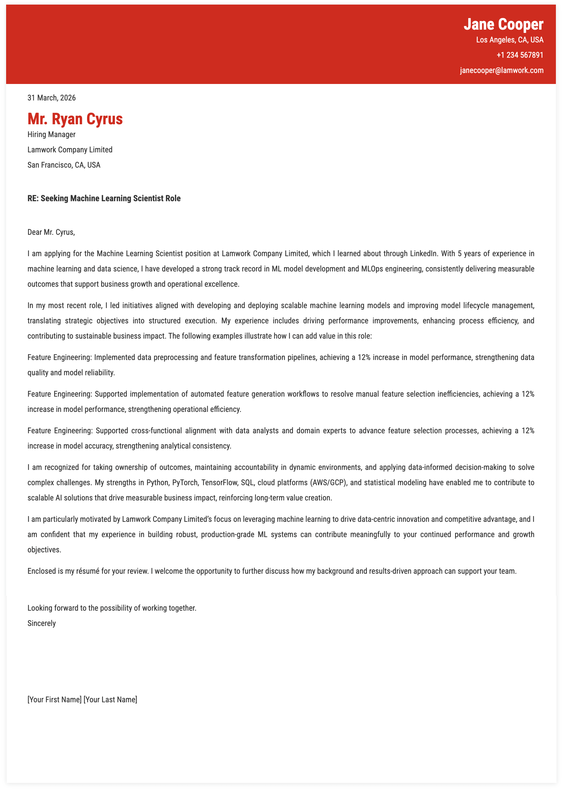Machine Learning Scientist Cover Letter Key Qualifications