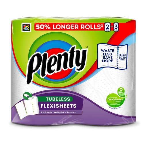 Plenty Flexi-sized sheets 50% Longer Tubeless Kitchen Towel 2 roll (2 ...