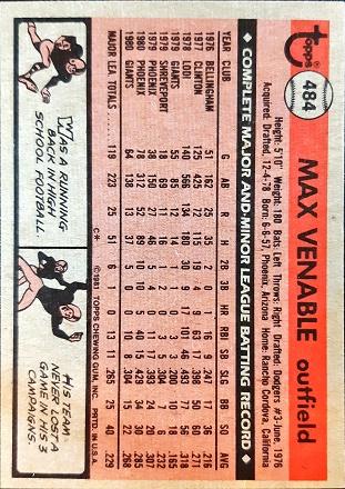 Max Venable #484 Prices [Rookie] | 1981 Topps | Baseball Cards