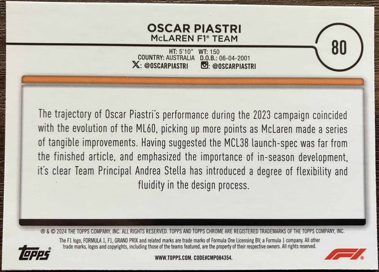 Oscar Piastri #80 Prices | 2024 Topps Chrome Formula 1 | Racings Cards