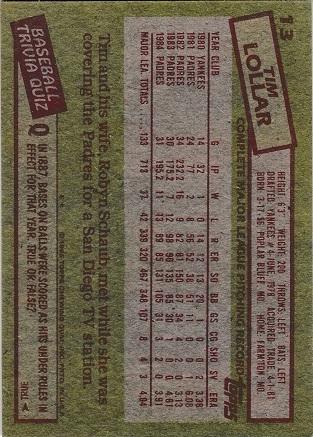 Tim Lollar #13 Prices | 1985 Topps | Baseball Cards