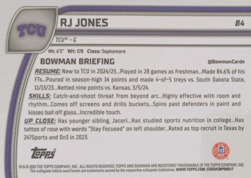 RJ Jones #84 Prices | 2024 Bowman Chrome University | Basketball Cards