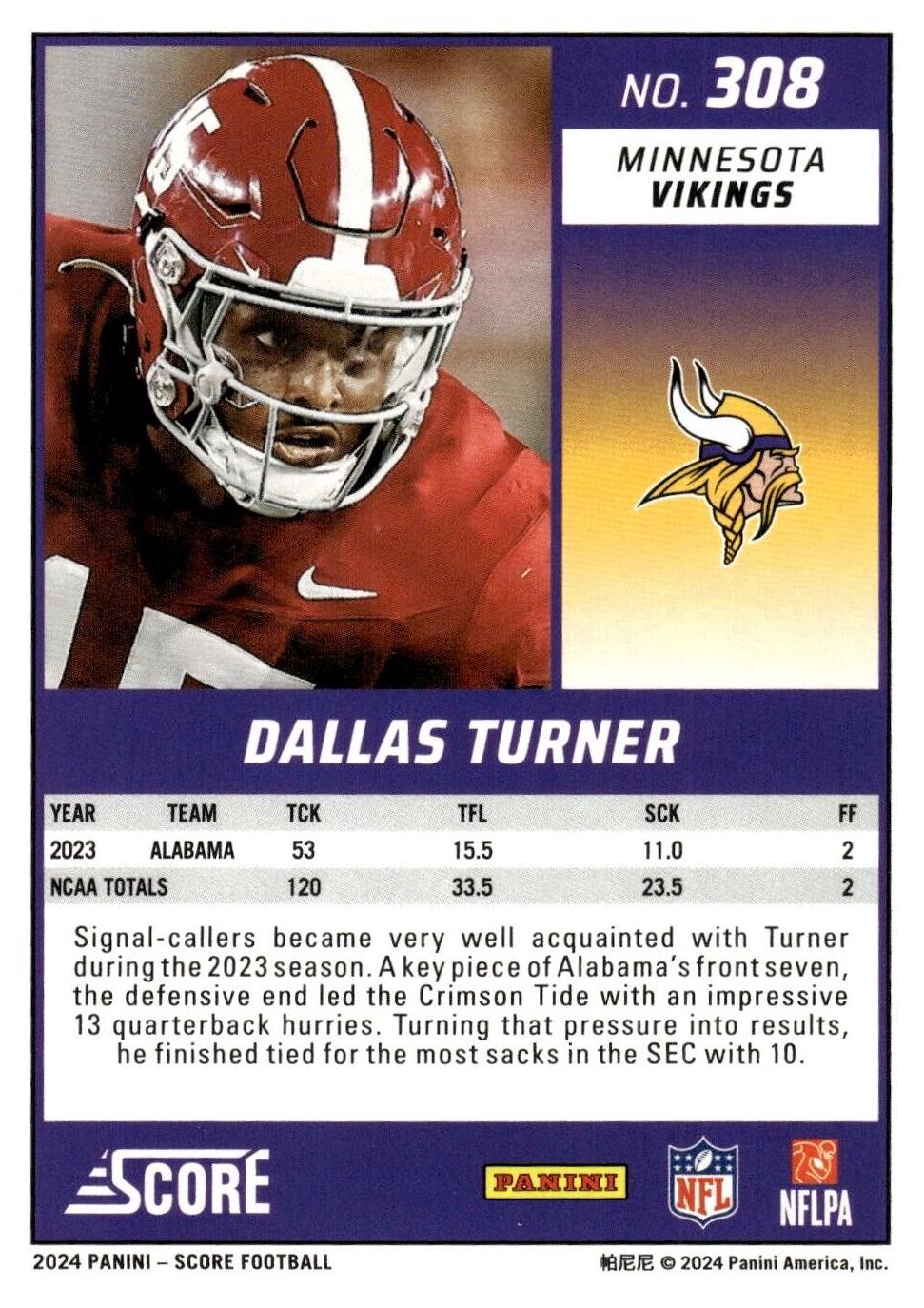 Dallas Turner #308 Prices [Rookie] | 2024 Panini Score | Football Cards