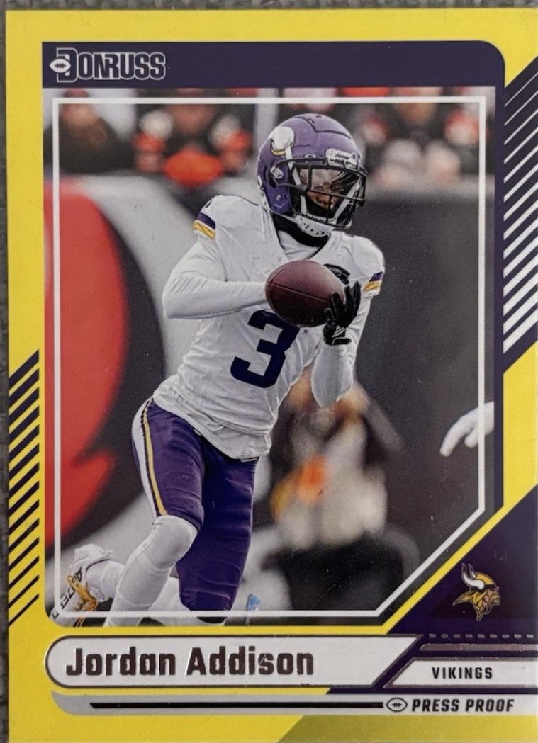 Jordan Addison [Yellow Press Proof] #153 Prices | 2024 Panini Donruss ...