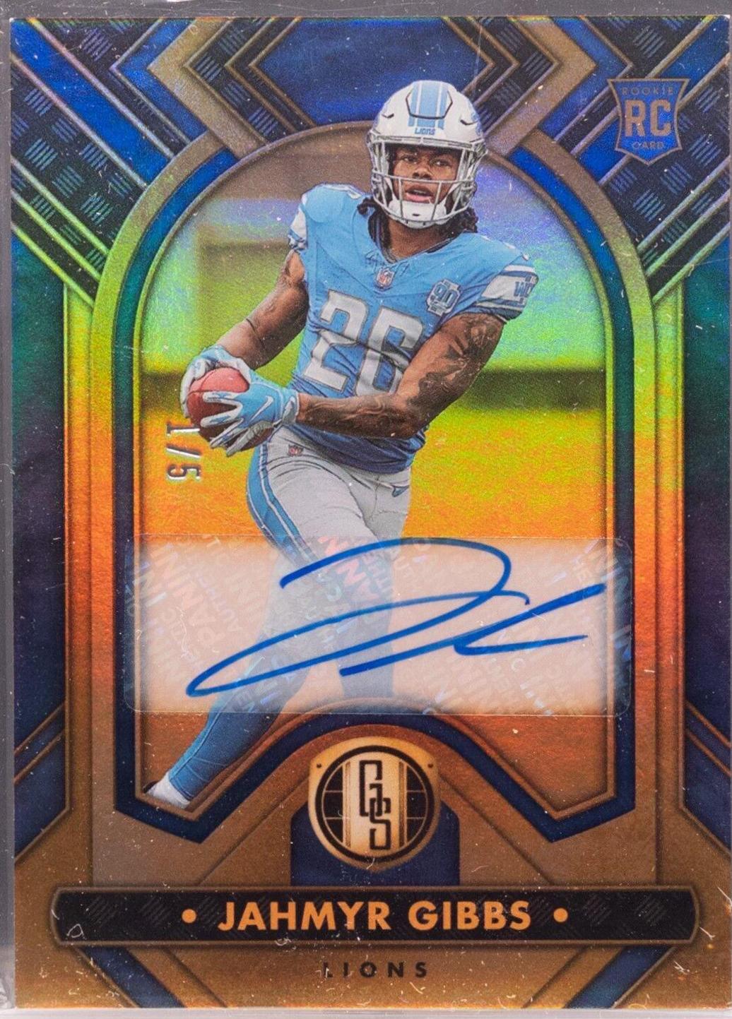 Jahmyr Gibbs [Autograph Sapphire] #144 Prices | 2023 Panini Gold ...