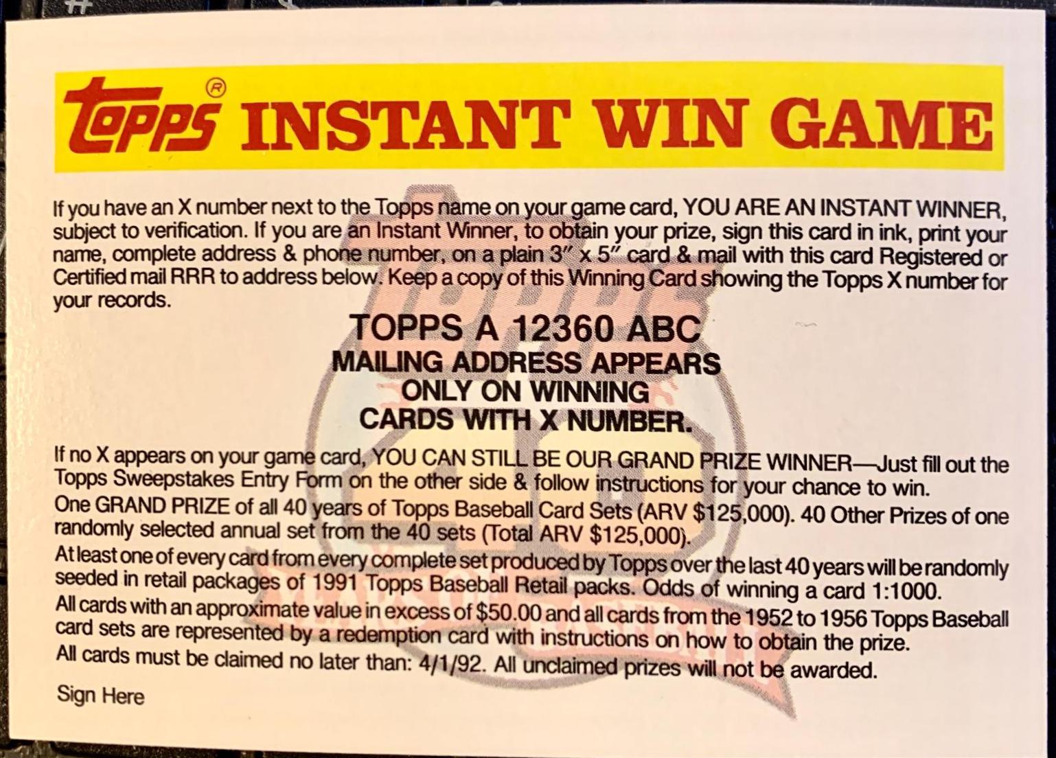 Instant Win Game D Prices | 1991 Topps | Baseball Cards