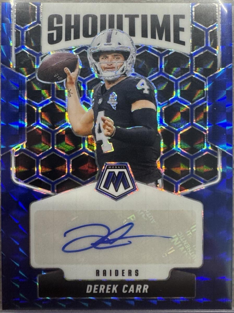 Derek Carr [Blue] #16 Prices | 2025 Panini Mosaic Showtime Signatures ...