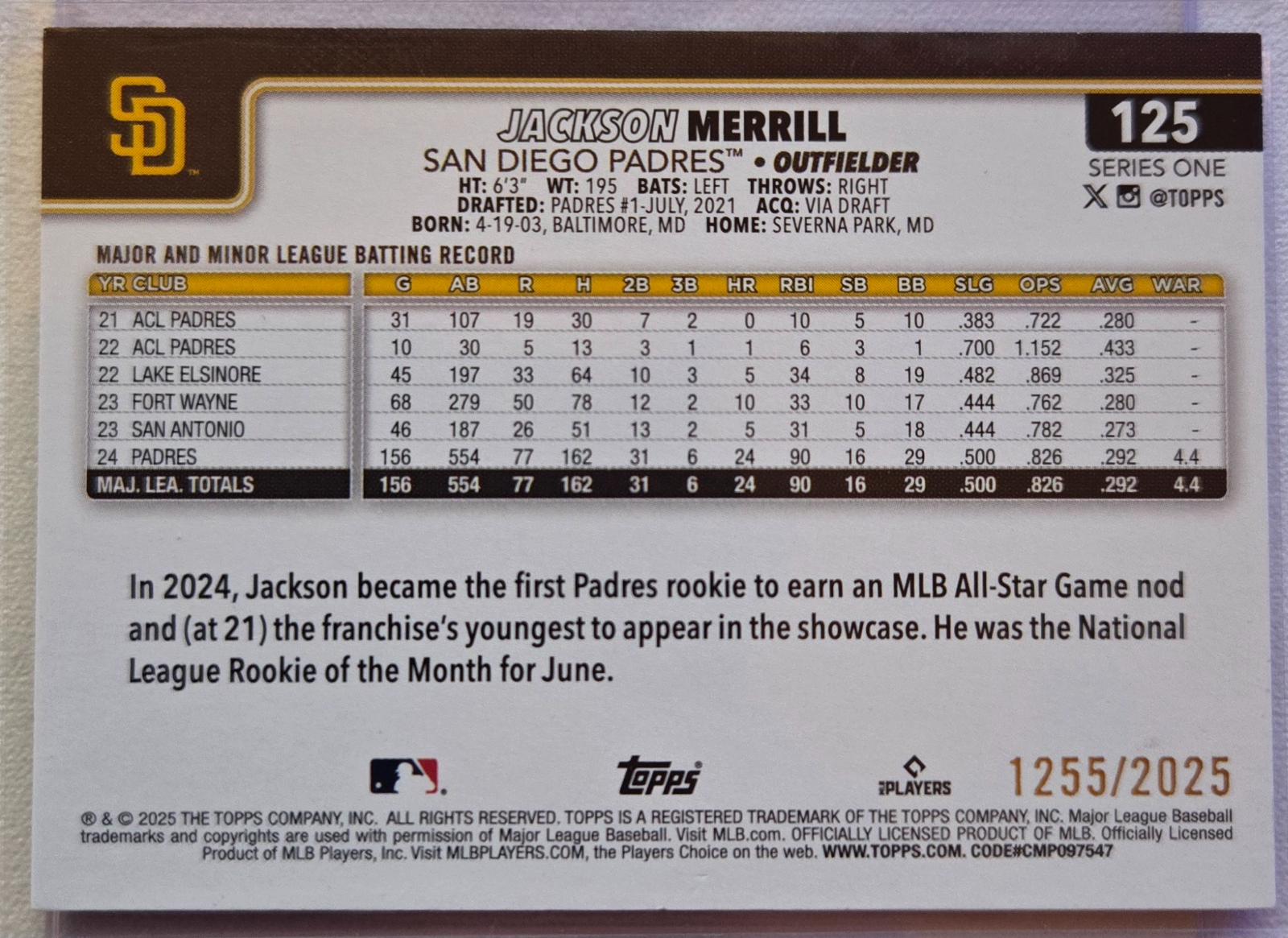 Jackson Merrill [Gold] #125 Prices [Rookie] | 2025 Topps | Baseball Cards
