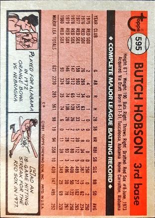 Butch Hobson #595 Prices | 1981 Topps | Baseball Cards