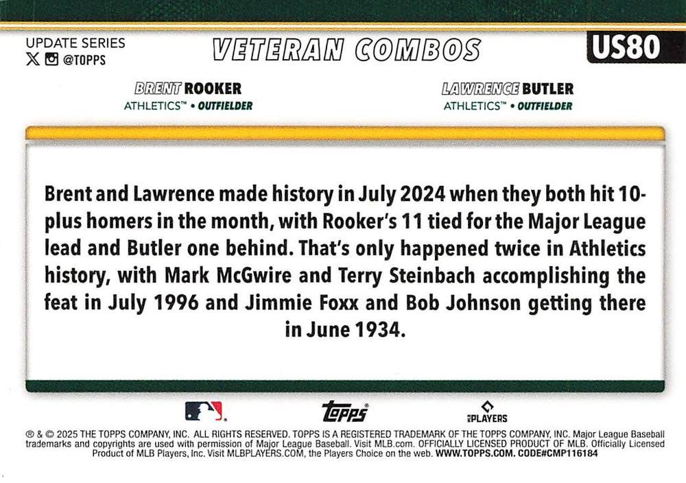 Lawrence Butler / Brent Rooker #US80 Prices | 2025 Topps Update ...