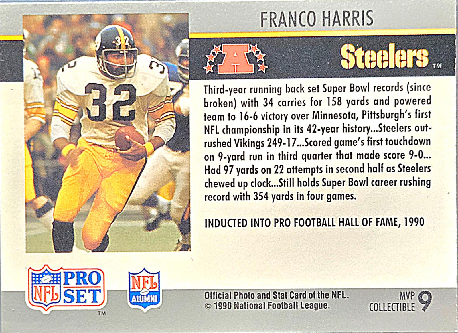 Franco Harris #9 Prices | 1990 Pro Set Super Bowl MVP | Football Cards