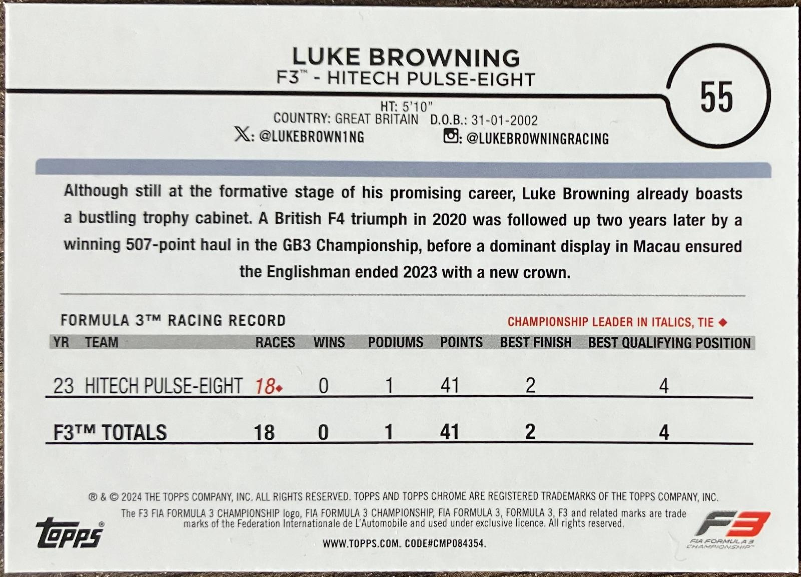 Luke Browning #55 Prices | 2024 Topps Chrome Formula 1 | Racings Cards