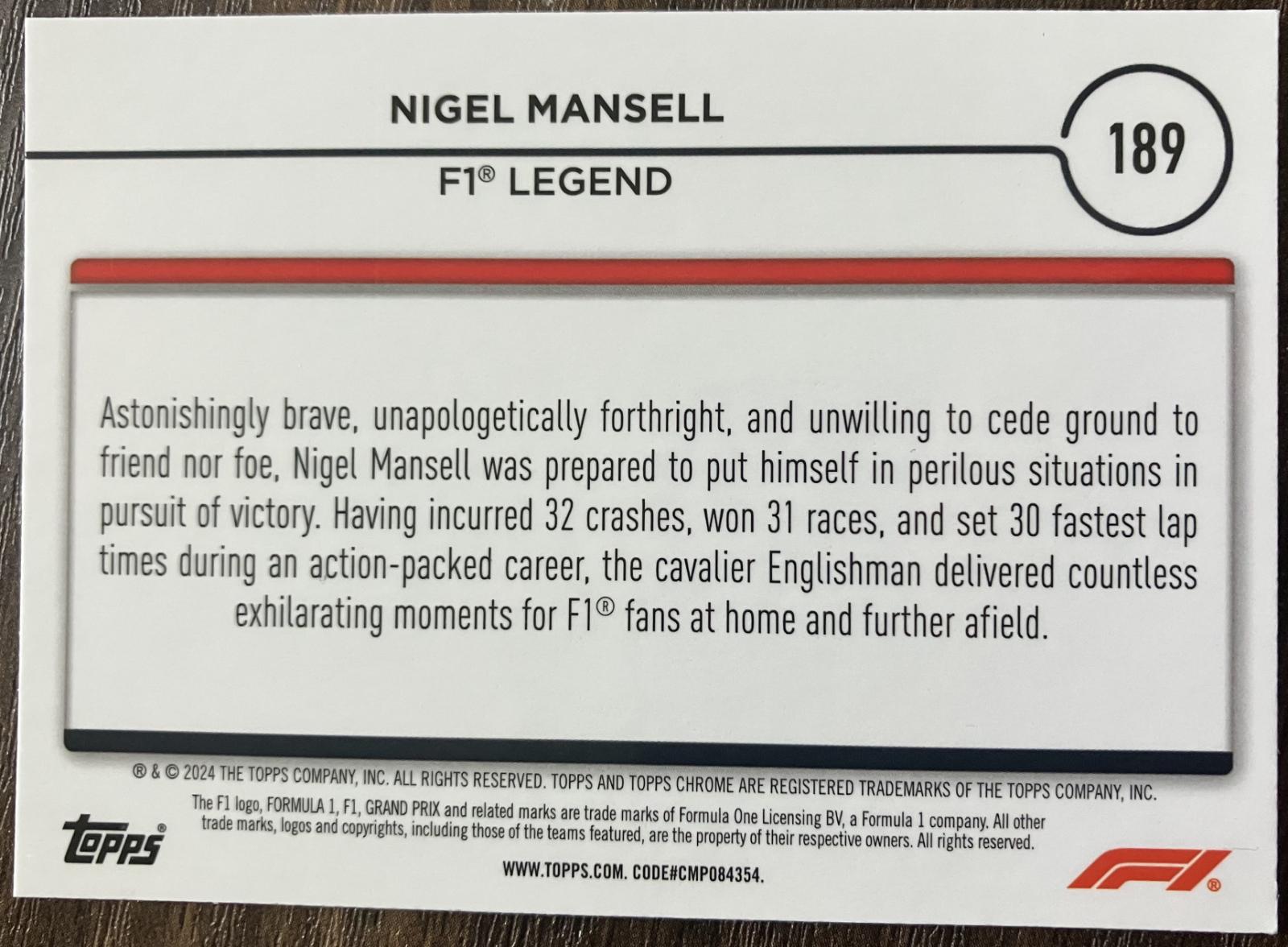 Nigel Mansell #189 Prices | 2024 Topps Chrome Formula 1 | Racings Cards