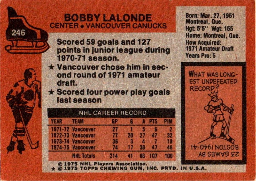 Bobby Lalonde #246 Prices | 1975 Topps | Hockey Cards