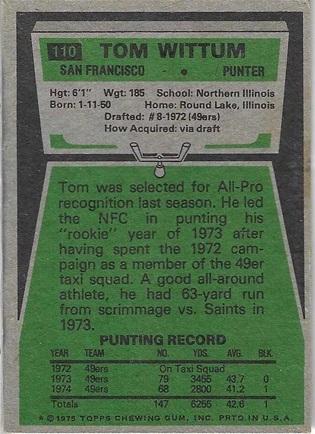 Tom Wittum #110 Prices [Rookie] | 1975 Topps | Football Cards
