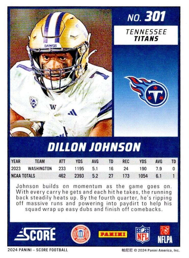Dillon Johnson #301 Prices [Rookie] | 2024 Panini Score | Football Cards