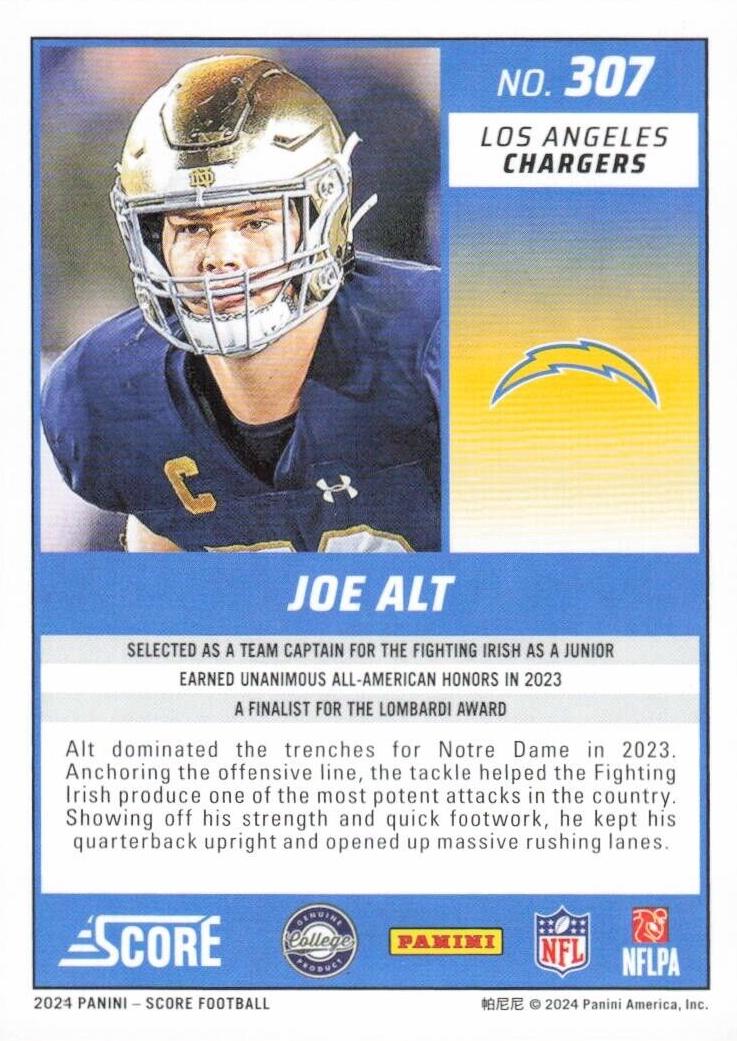Joe Alt #307 Prices [Rookie] | 2024 Panini Score | Football Cards