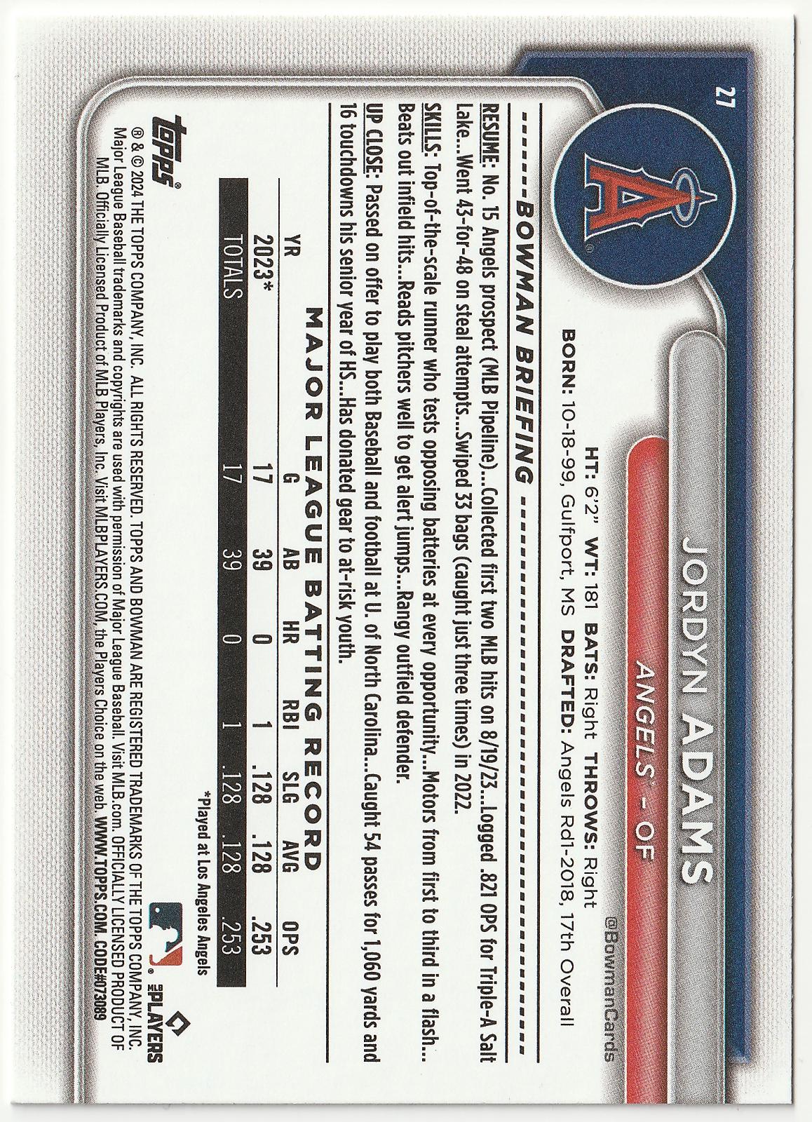 Jordyn Adams #27 Prices [Rookie] | 2024 Bowman | Baseball Cards
