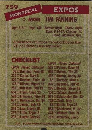 Jim Fanning #759 Prices | 1985 Topps | Baseball Cards