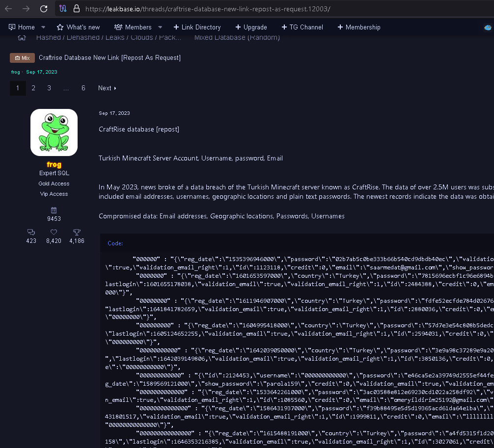 CraftRise Turkish Minecraft Servers Account: Security Breach Exposes Sensitive Data | InsecureWeb