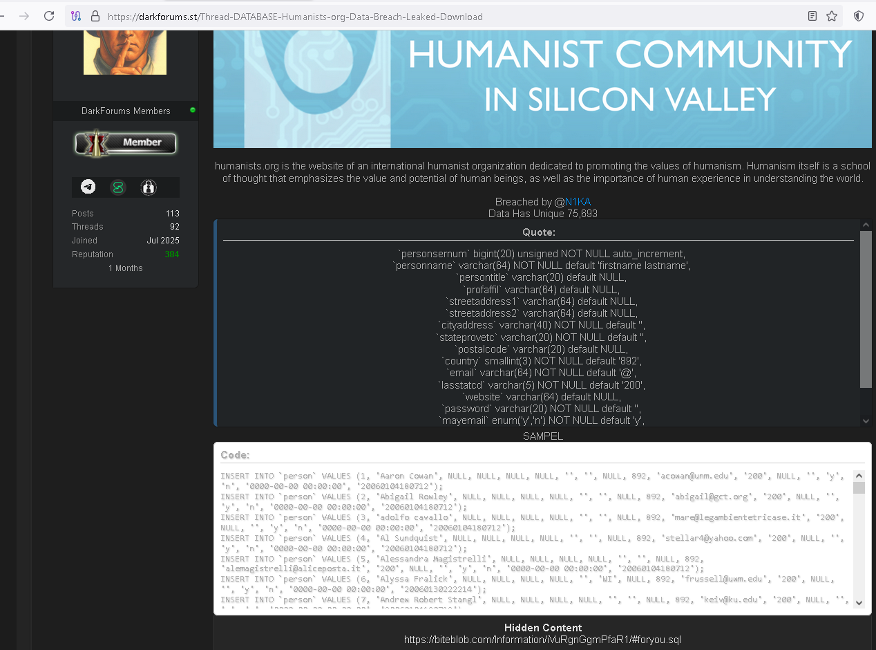 Humanists.org Data Leak – 75K Member Records Exposed | InsecureWeb