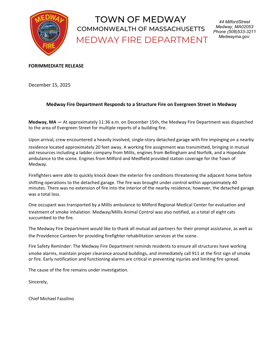 Medway Fire Department Responds to Structure Fire on Evergreen Street ...