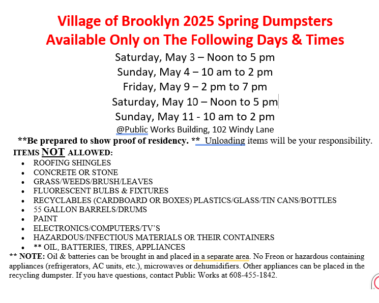 Village Wide 2025 Spring Dumpster Days & Times | Village of Brooklyn