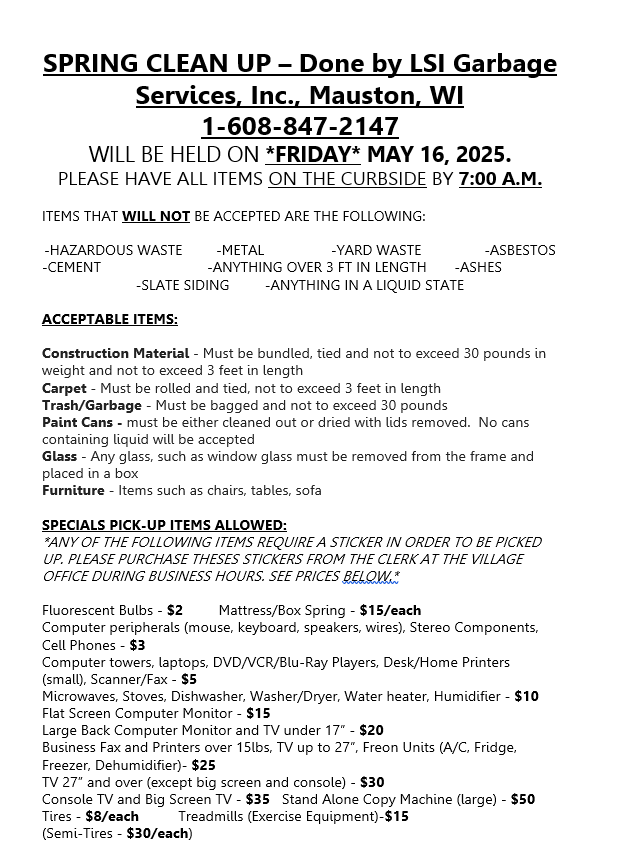 Spring Clean Up! | Village of North Freedom