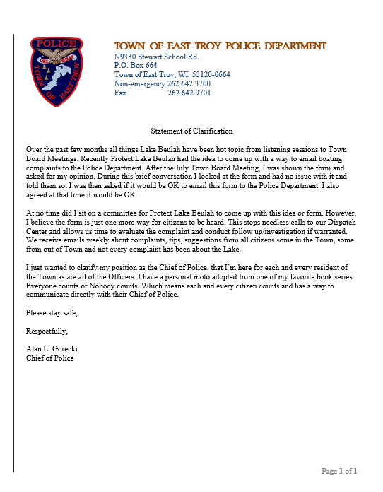 A letter from the Chief. | Town of East Troy